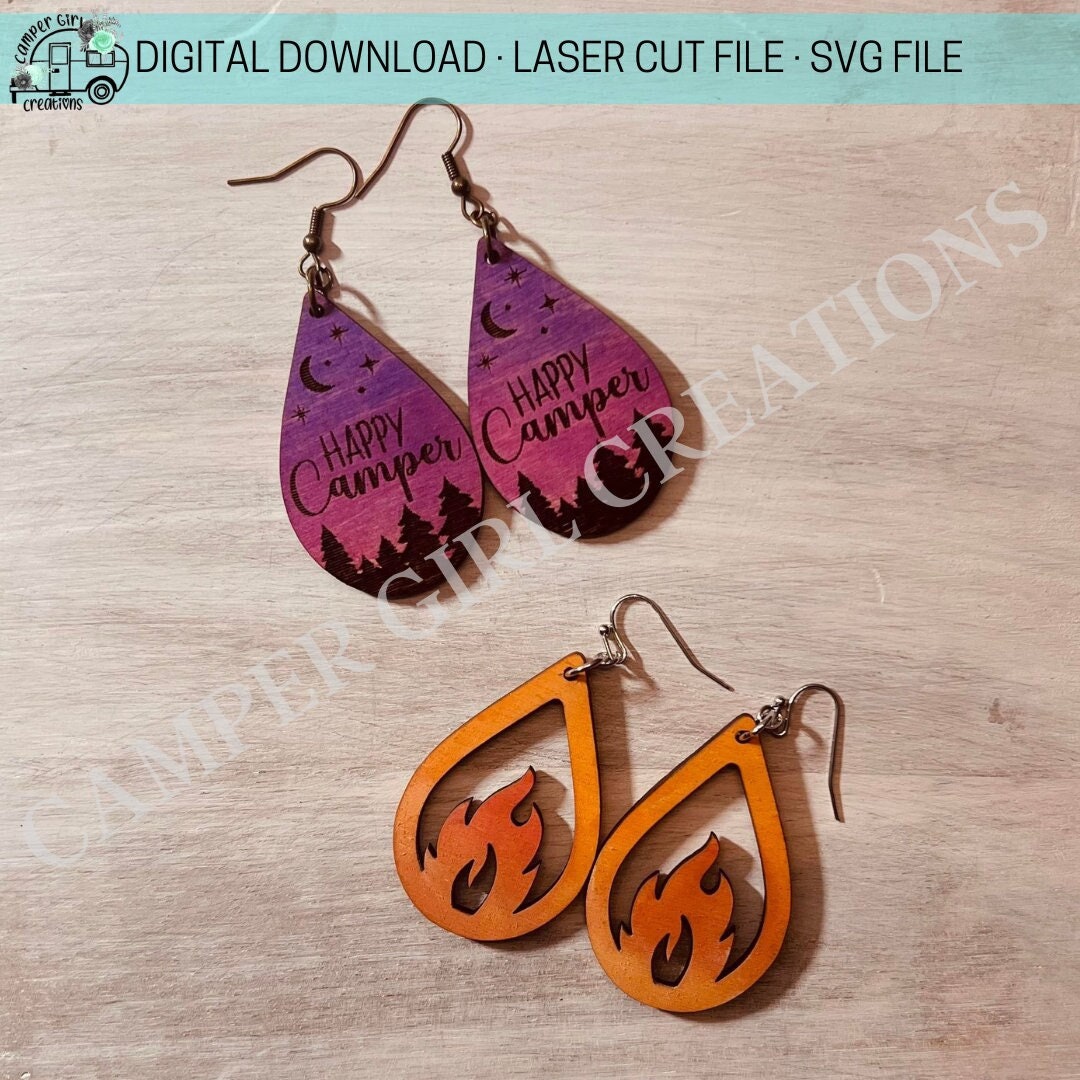 Happy Camper Dangle Teardrop Earrings, Camping, Fire, Campfire Print ...