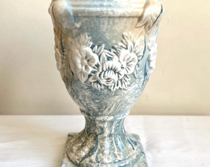 Vintage Blue Marble Pattern Floral Ornate Hand Painted Pottery Urn Vase ...