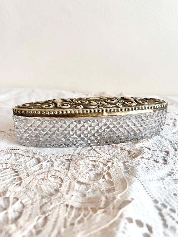 Antique Glass Pin Box with Embossed Bird Brass Lid - Gem