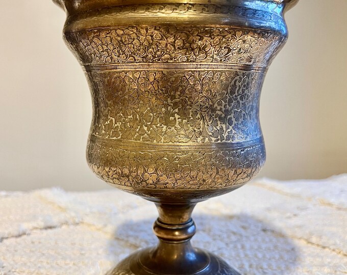 Vintage Indian Engraved Solid Brass Heavy Goblet Planter / Flower Pot ...