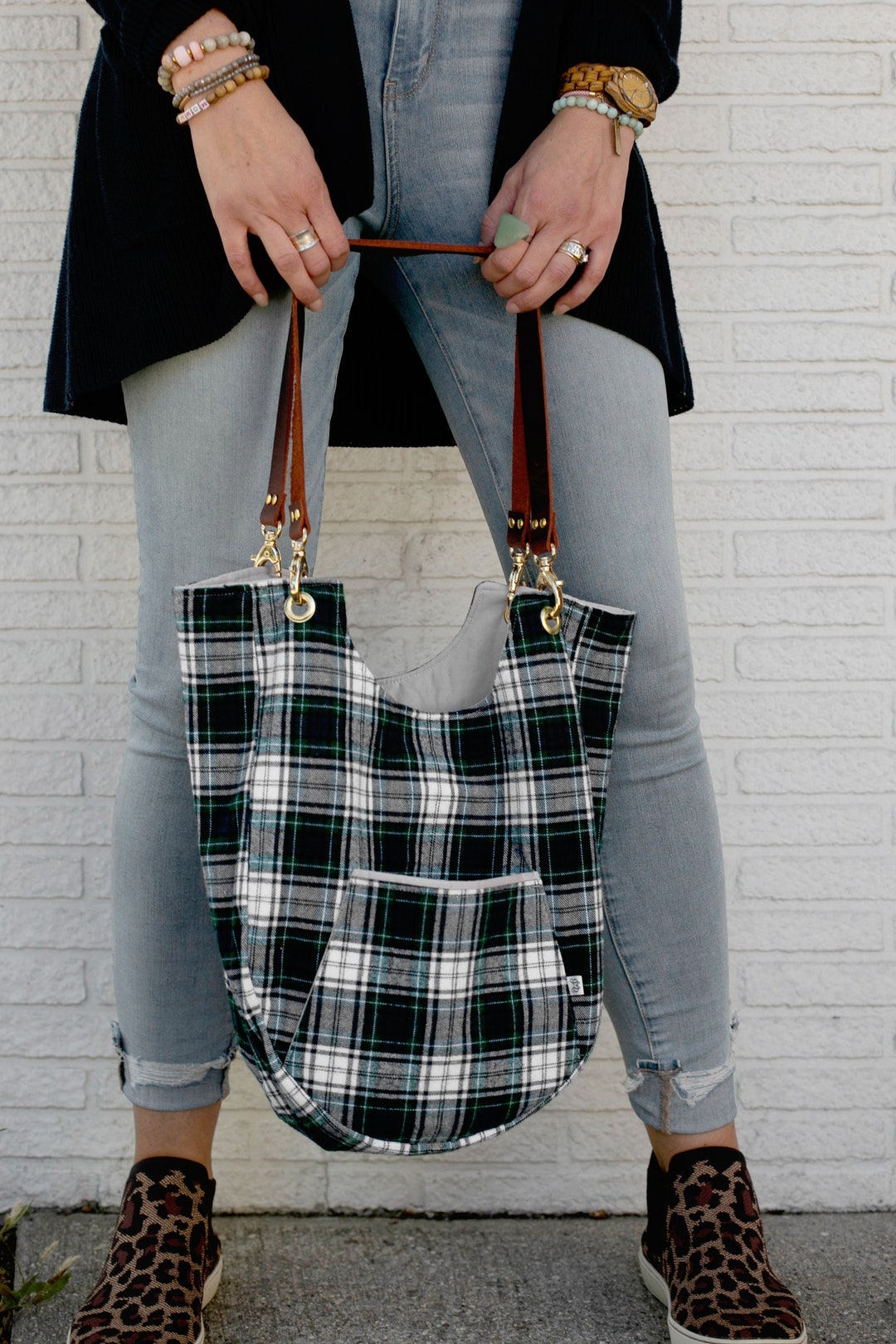 Plaid Bag Oversized Hobo Bag Classic Navy Plaid Roomy Plaid Carryall ...