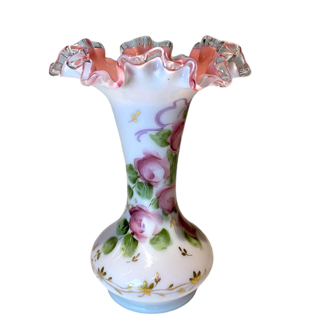 Fenton Charleton Peach Crest Ruffled Glass Vase Hand-painted Floral ...