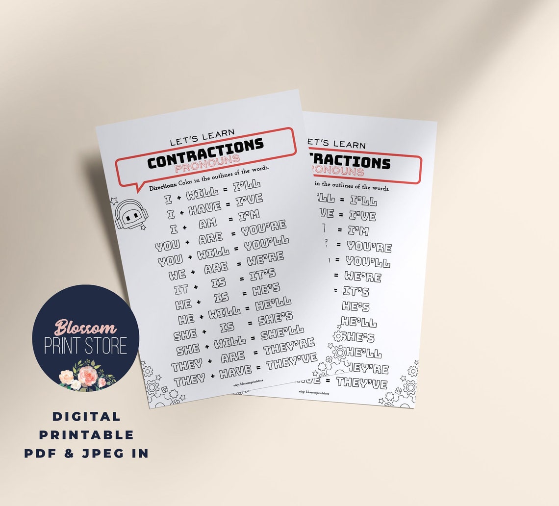 Contractions Pronouns Reference Printable Coloring Page - Etsy
