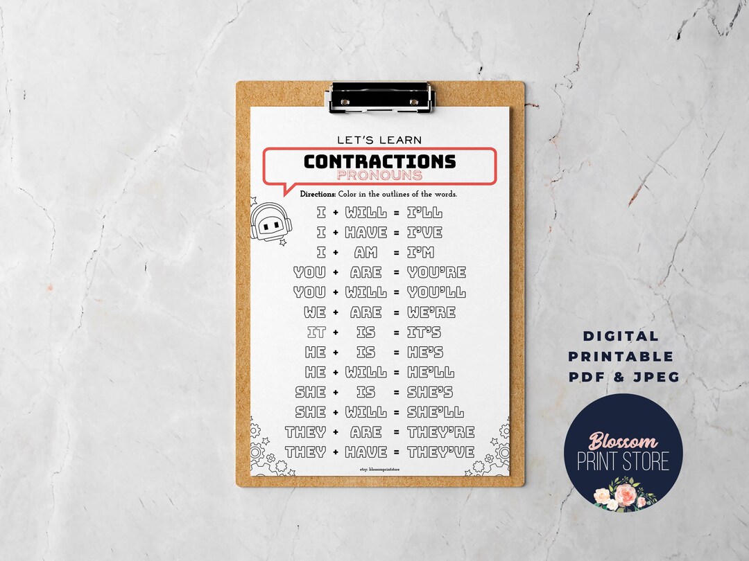 Contractions Pronouns Reference Printable Coloring Page Worksheet ...