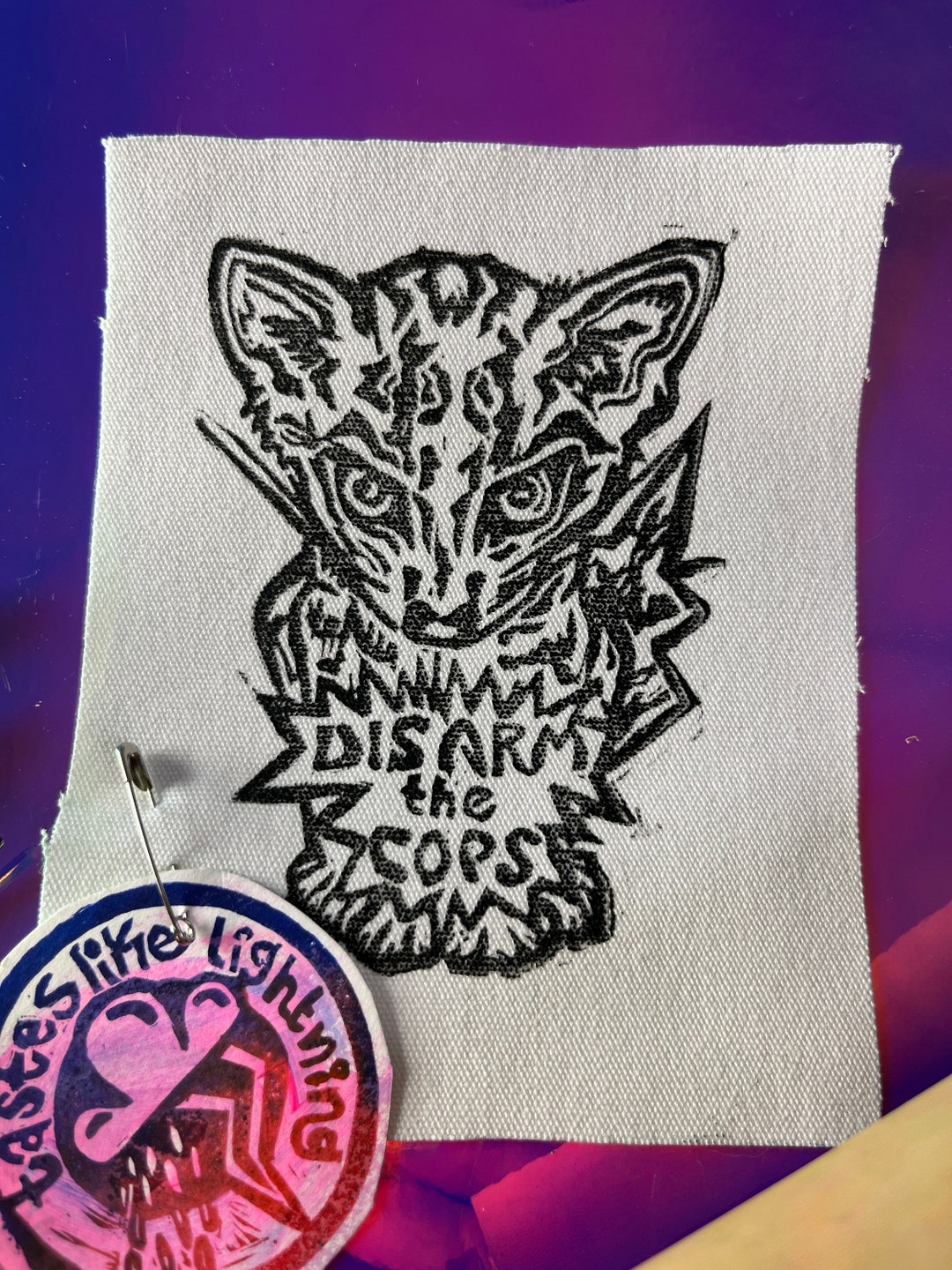 DISARM THE COPS Patch White Fabric Patch Lino Printed by Hand Original ...