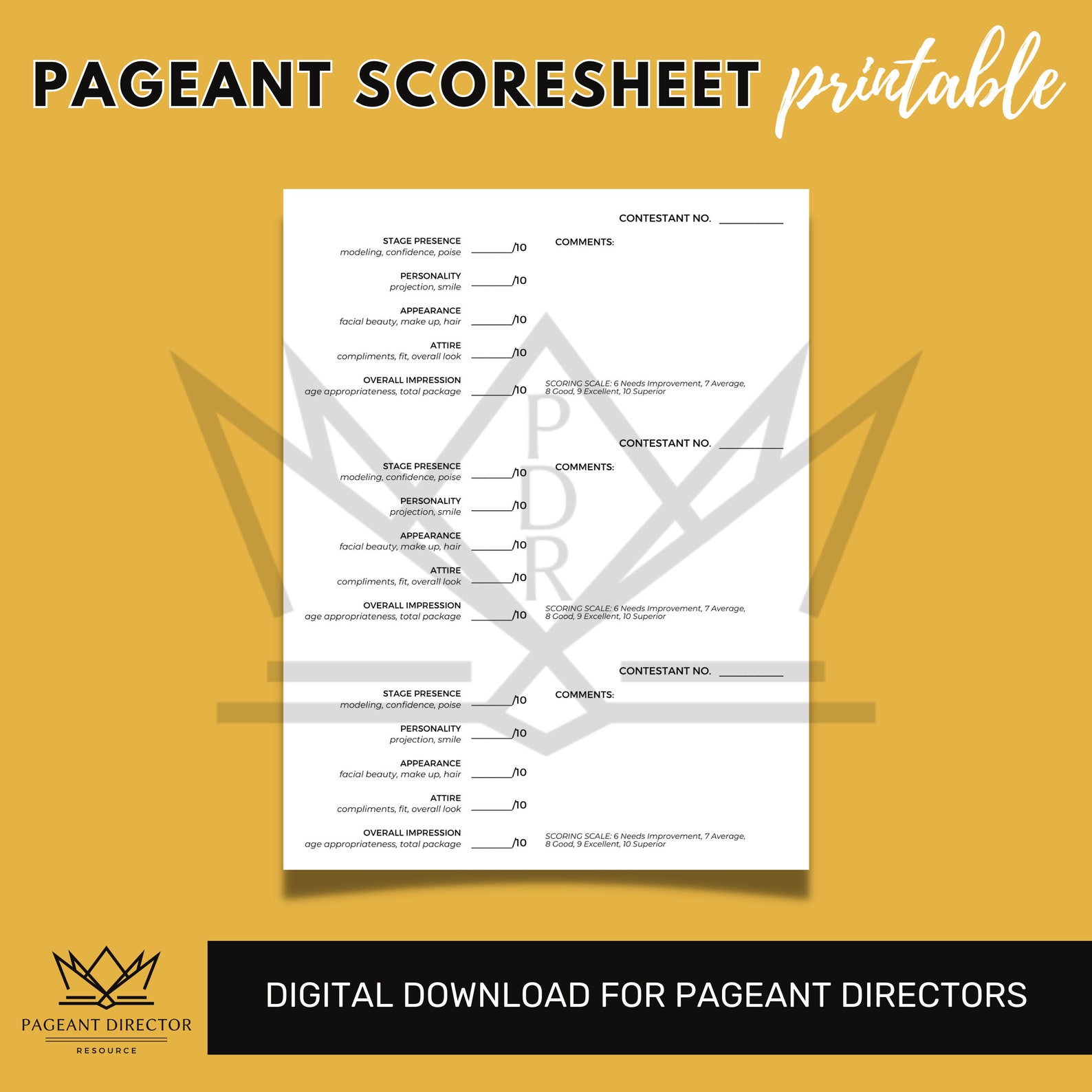 Basic Pageant Scoresheet - Pageant Director Resource - Digital Download ...
