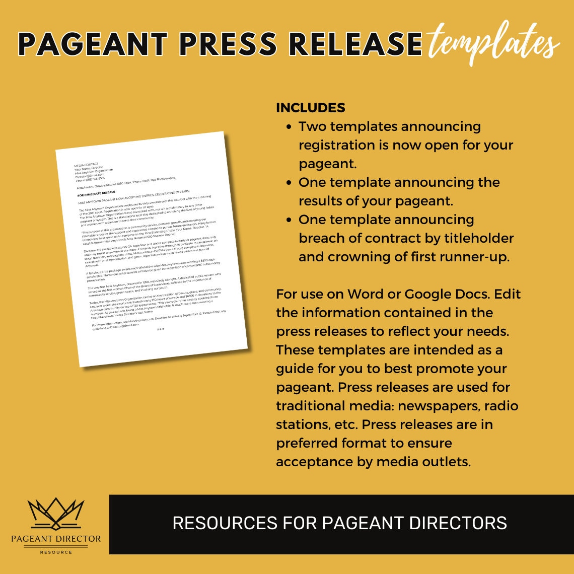 Pageant Press Release Templates - Pageant Director Resource - Customize ...