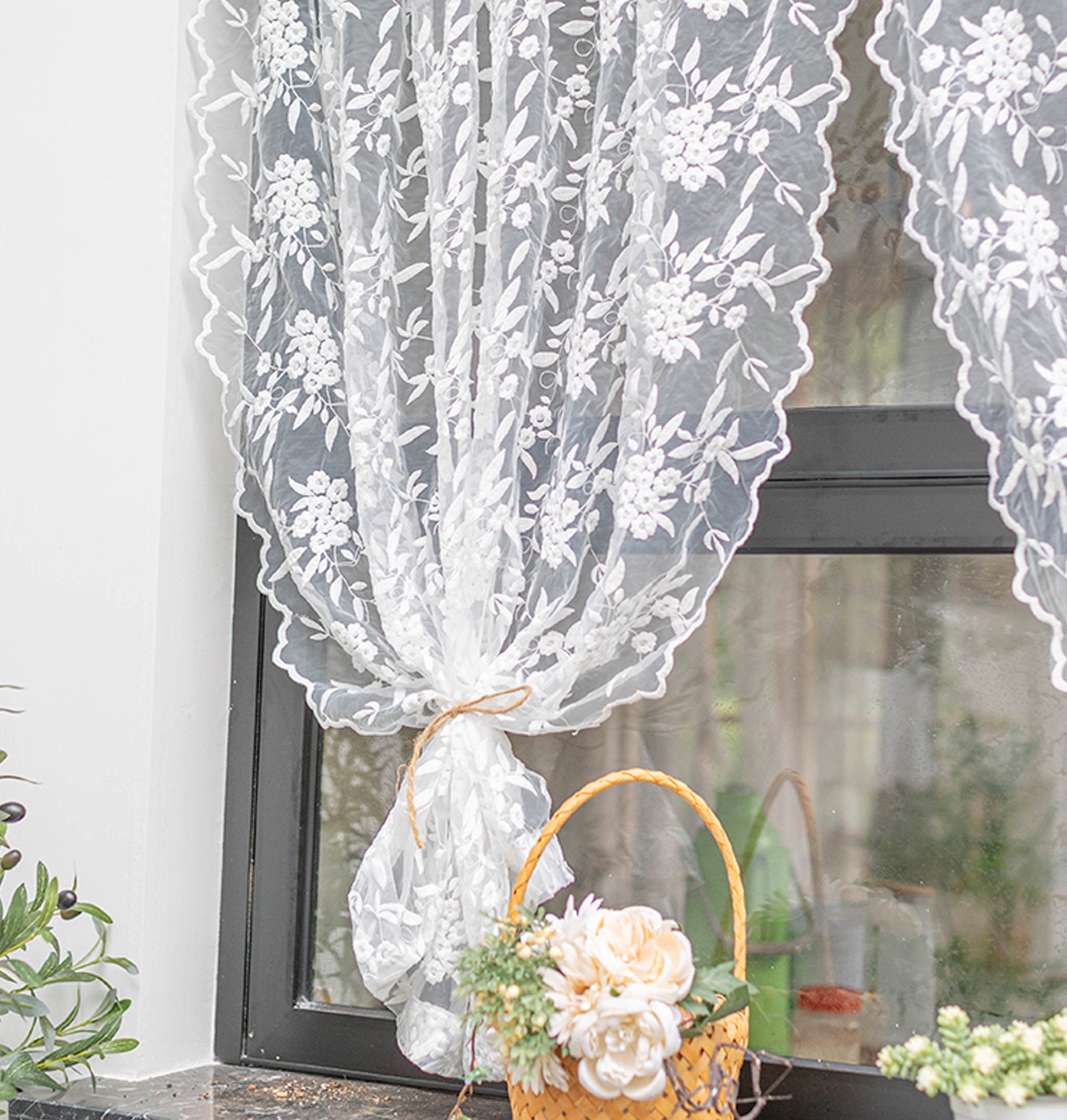 Small Lace Window Curtains, White Lace Door Curtains, Floral Window ...