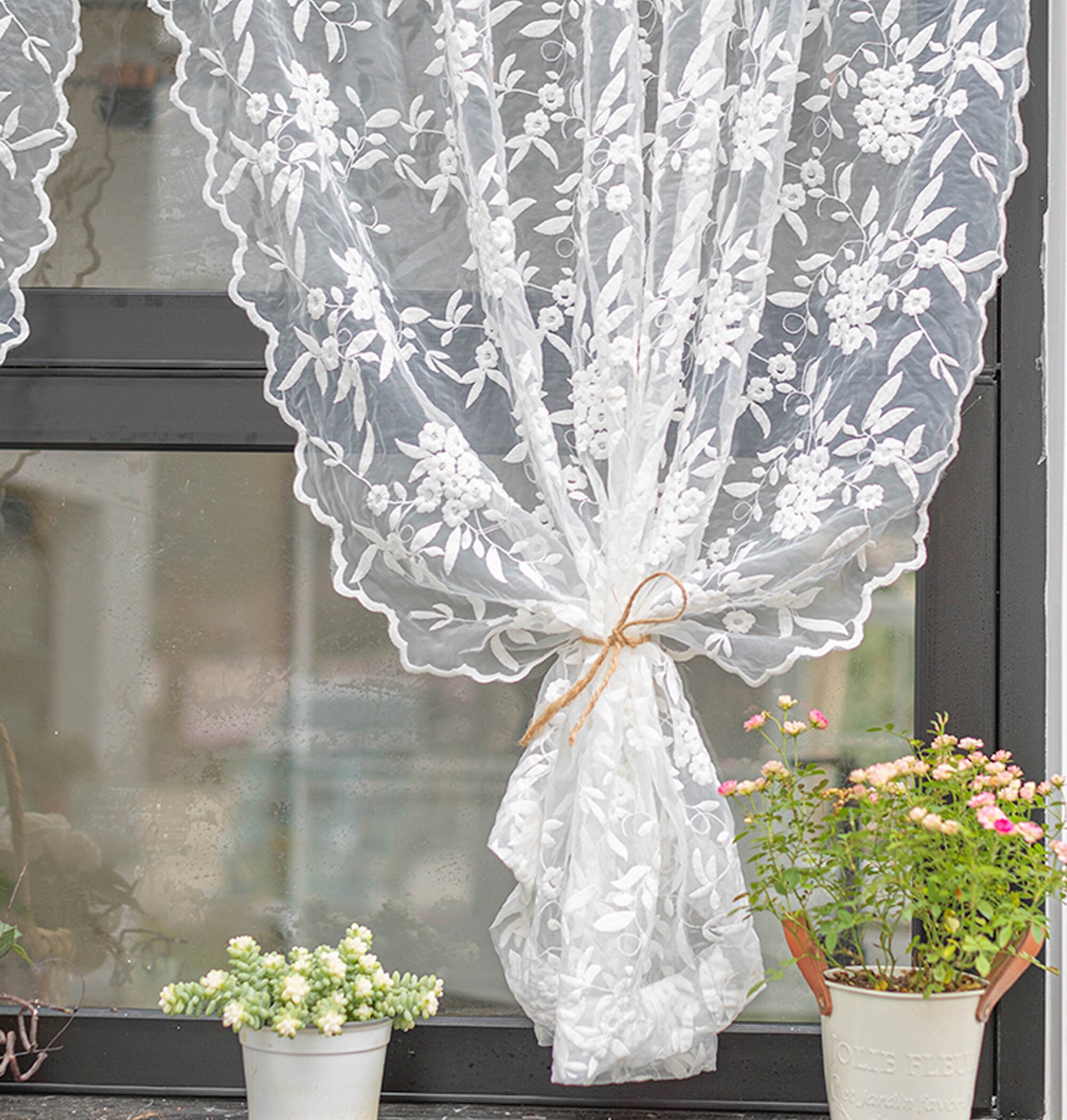 Small Lace Window Curtains, White Lace Door Curtains, Floral Window ...