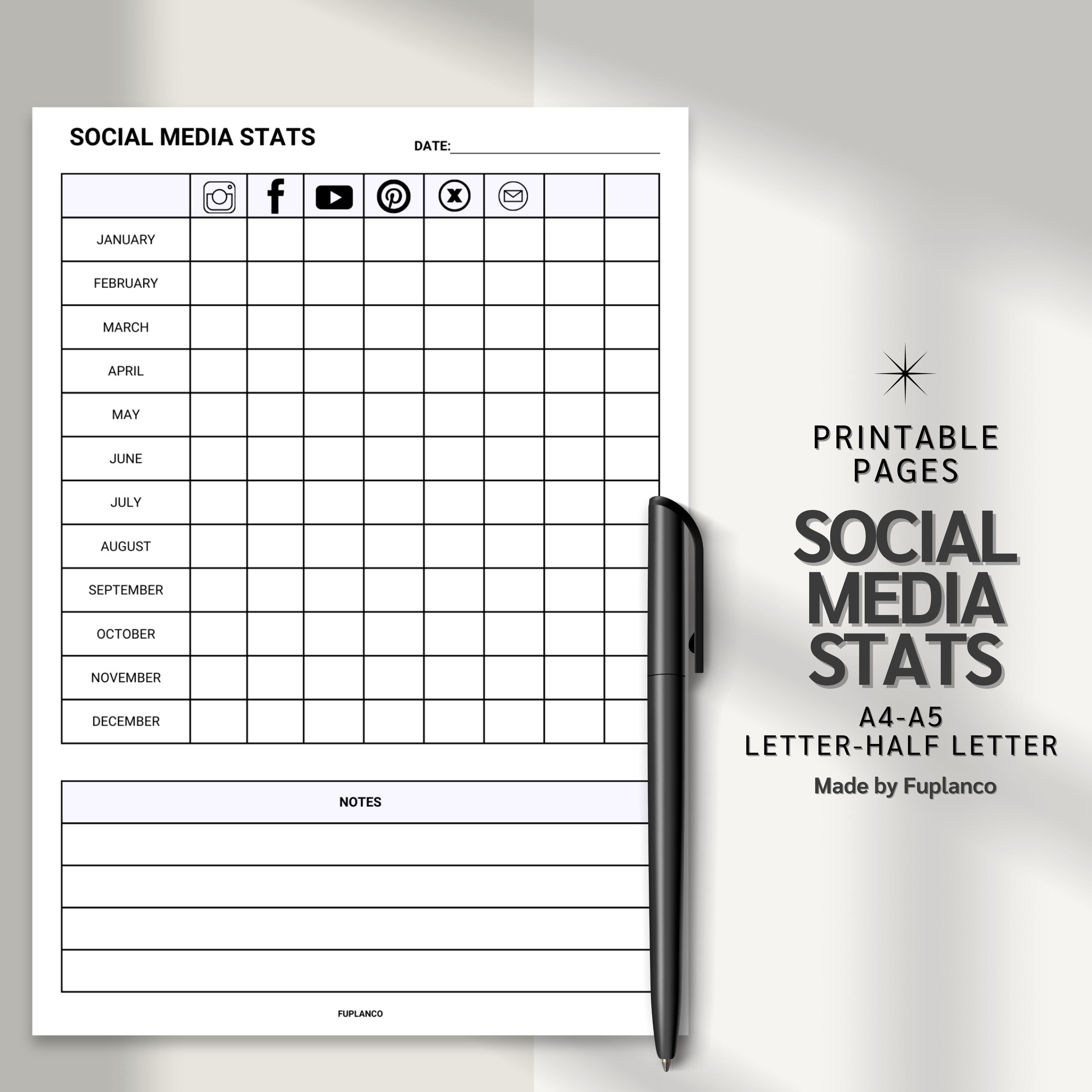 Social Media Stats Tracker Printable, Analytics & Engagement Log ...