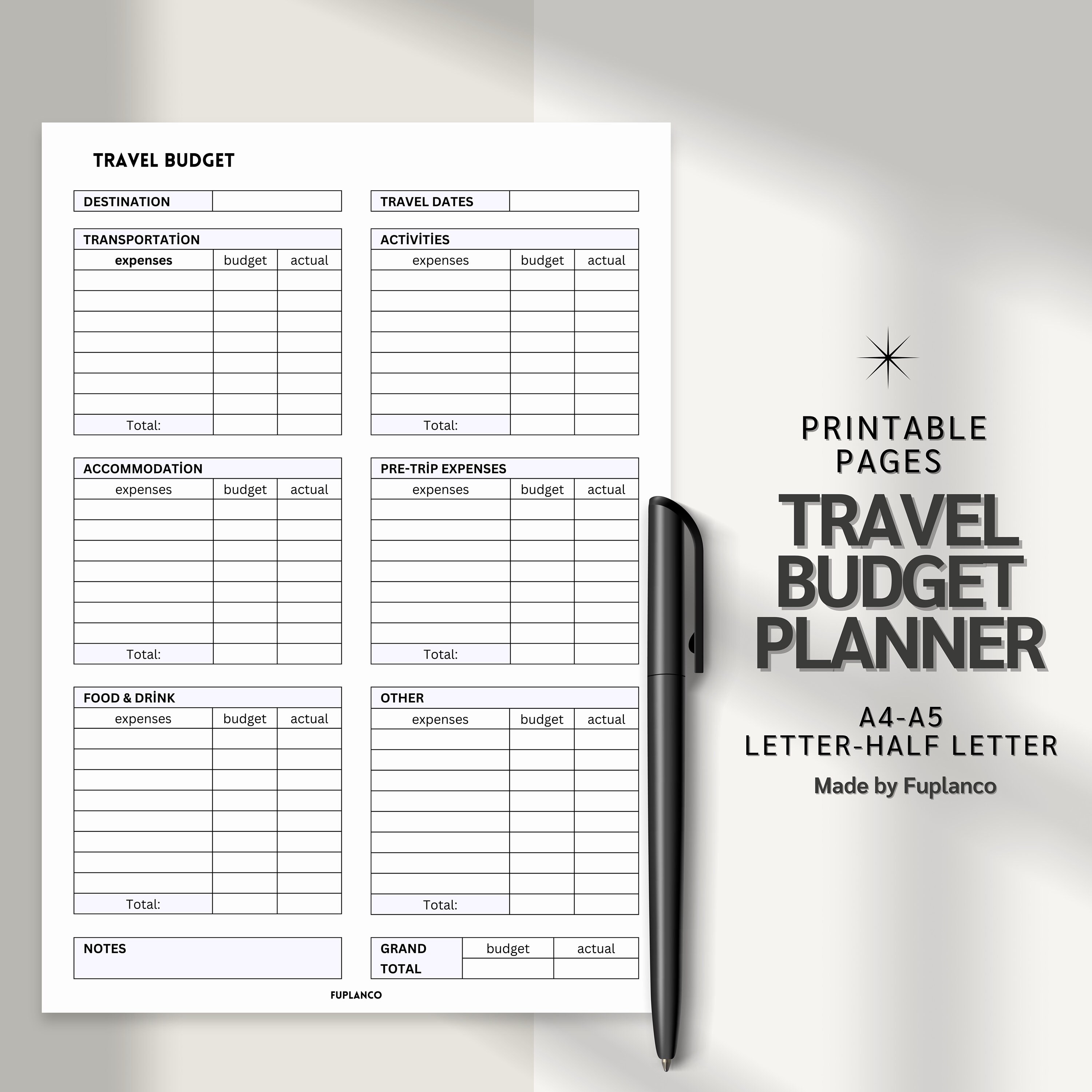 Travel Budget Planner Printable, Finances Planner, Travel Spending ...