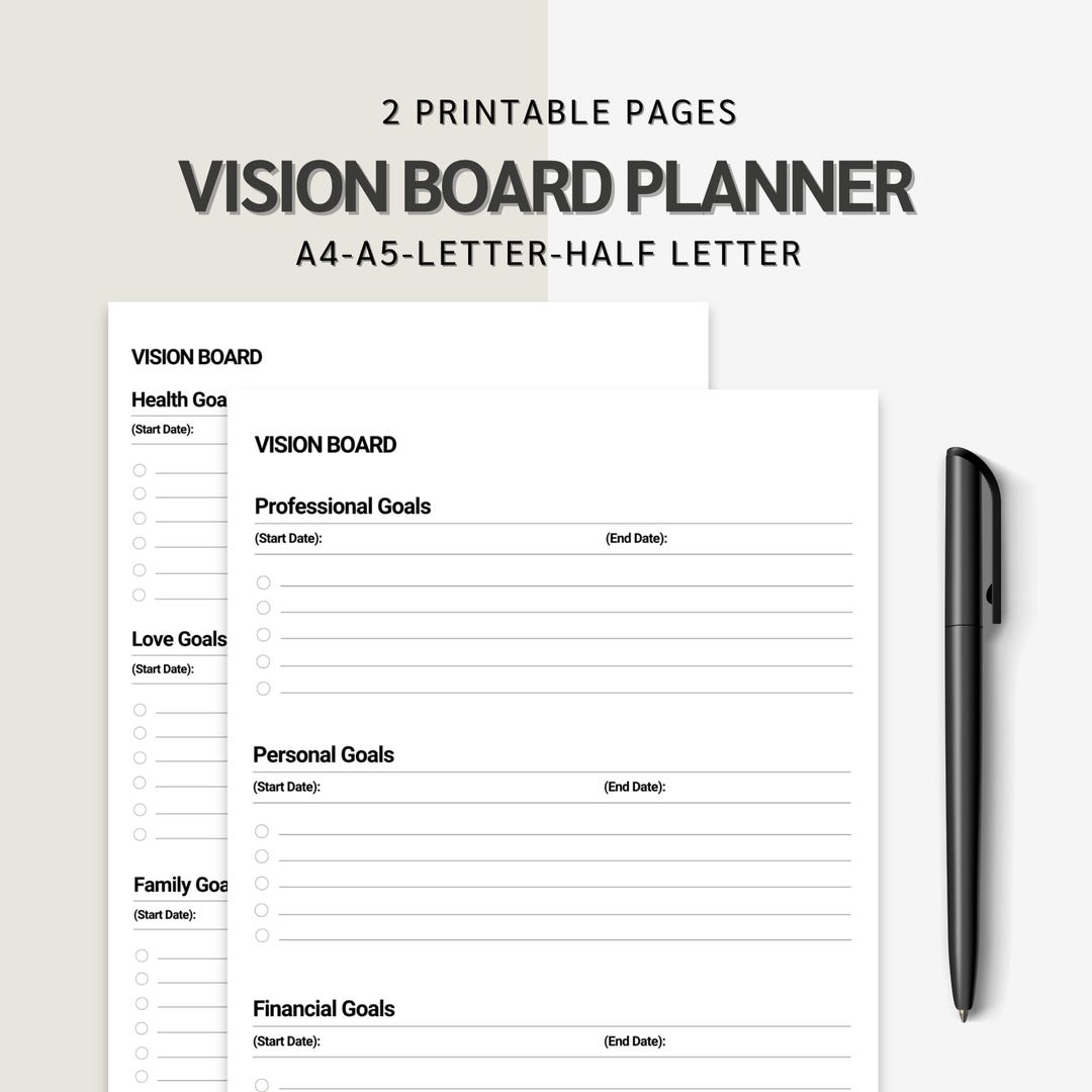 Printable Vision Board & Goal Planner 2 Page Digital PDF for A4, A5 ...