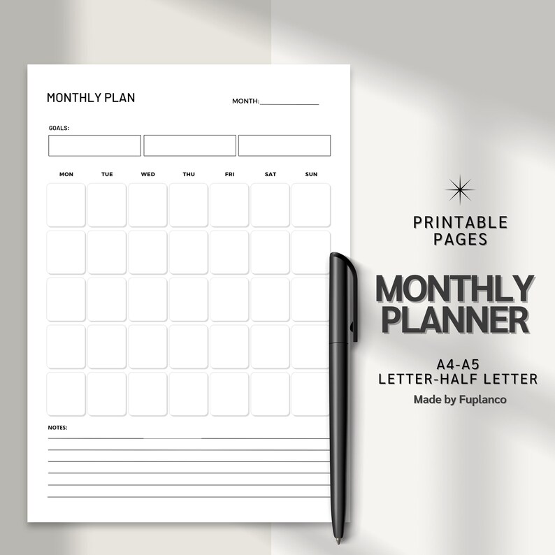 Monthly Planner Printable, Goal Setting, Organizer Template,minimalist ...