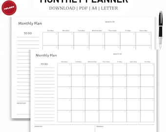 Minimalist Monthly Calendar Template | Printable & Editable Planner - Etsy