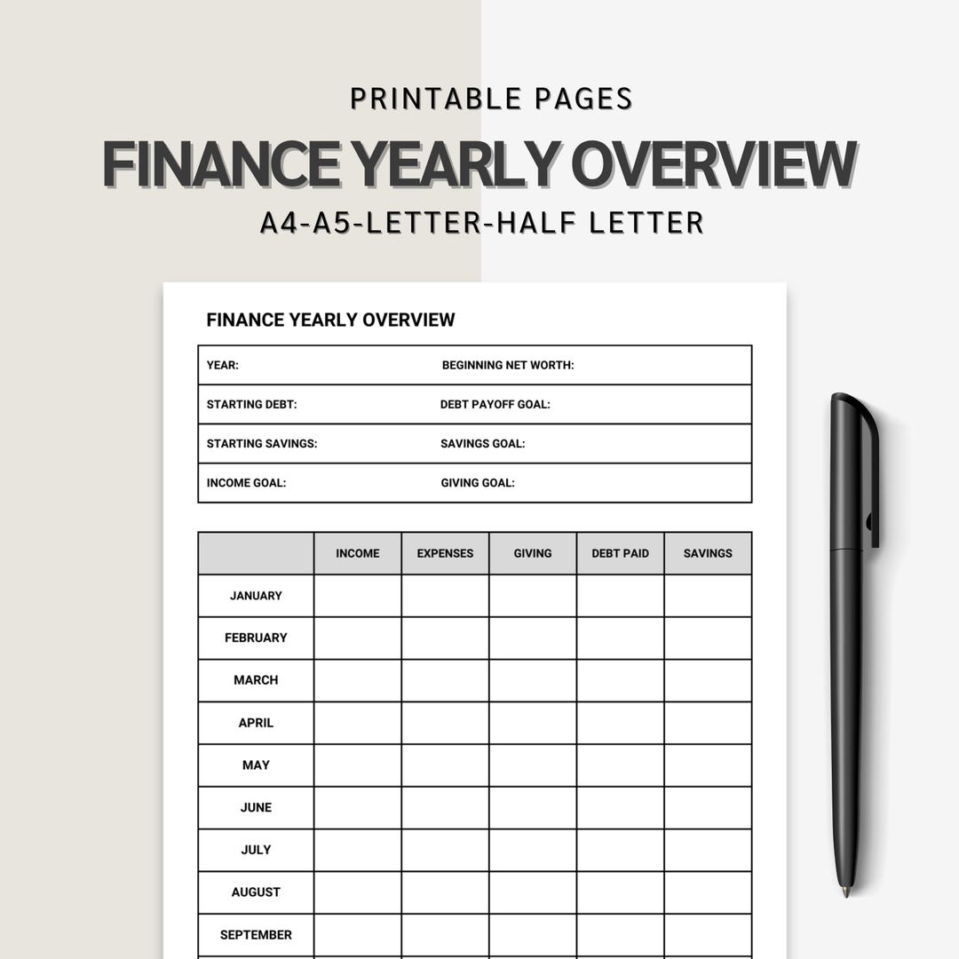 Finance Yearly Overview Printable Annual Budget Tracker Income ...