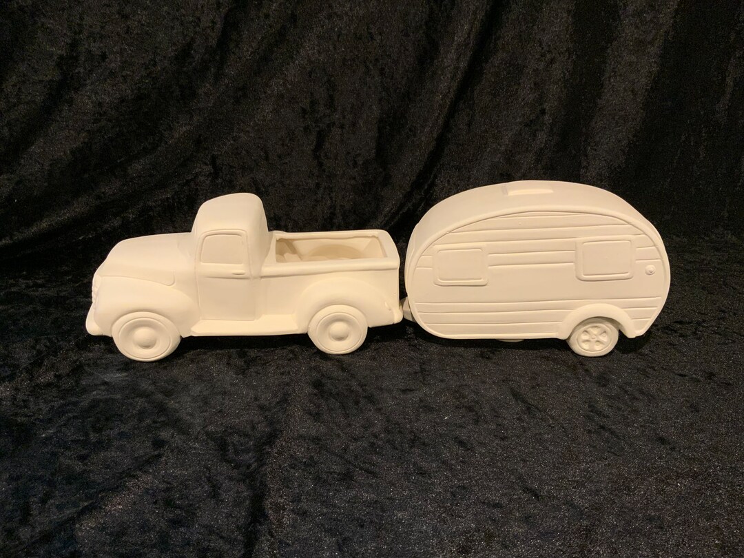 Ceramic Bisque Truck With Retro Camper, Clay Magic Pickup Truck, Clay ...
