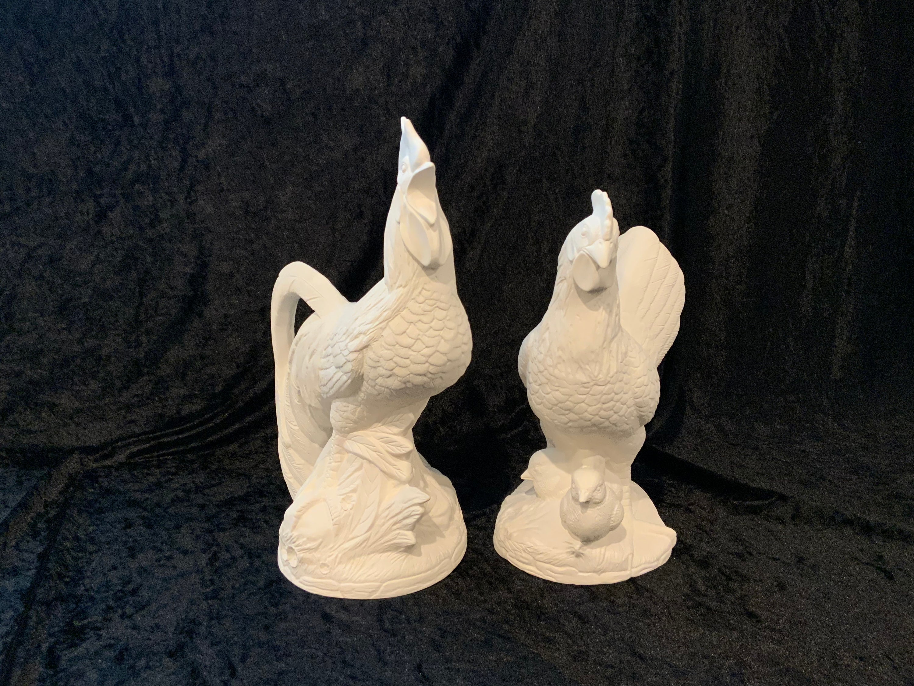 Large Standing Rooster Crowing and Hen With Baby Chick Ceramic Bisque ...