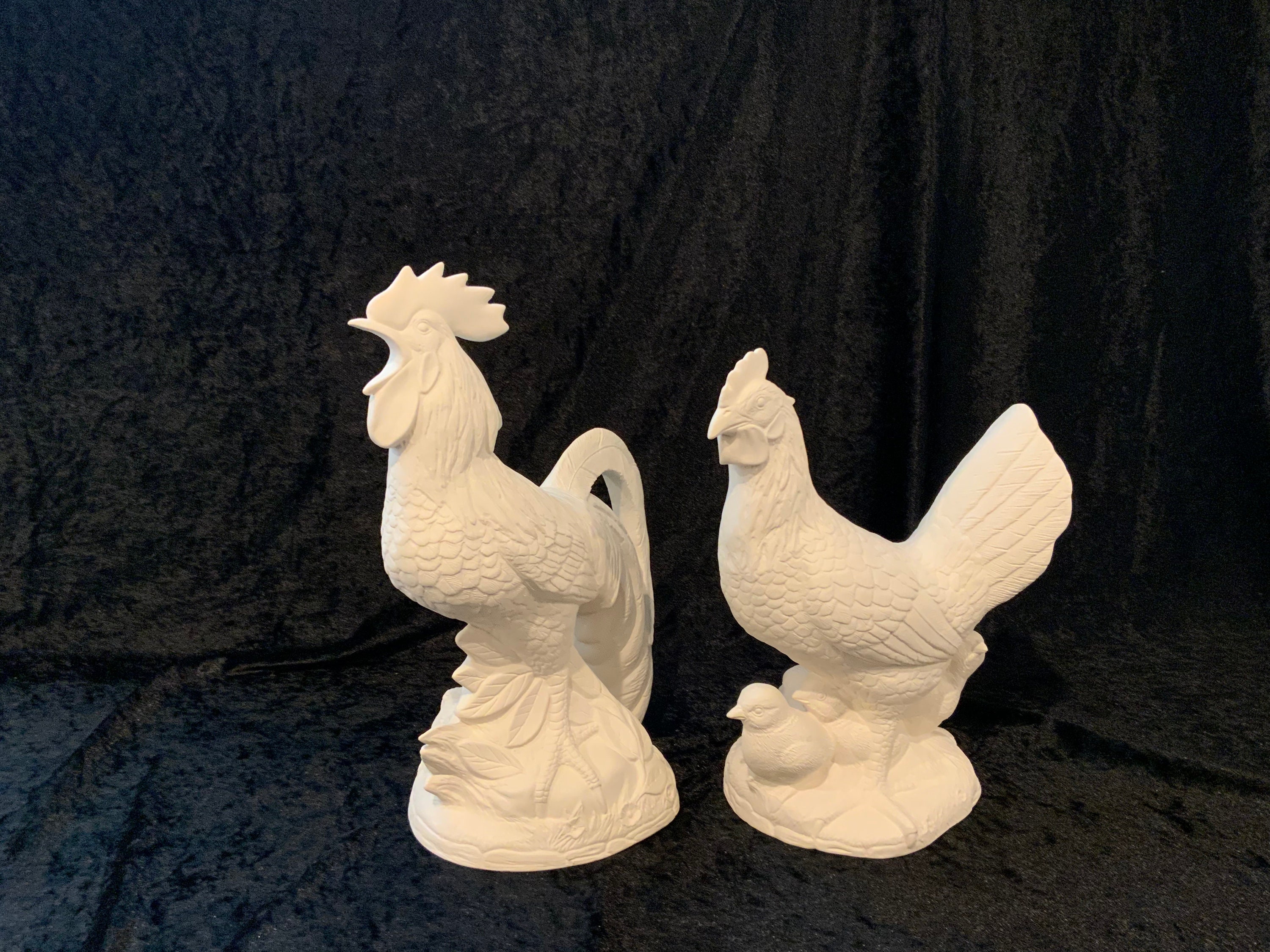 Large Standing Rooster Crowing and Hen With Baby Chick Ceramic Bisque ...