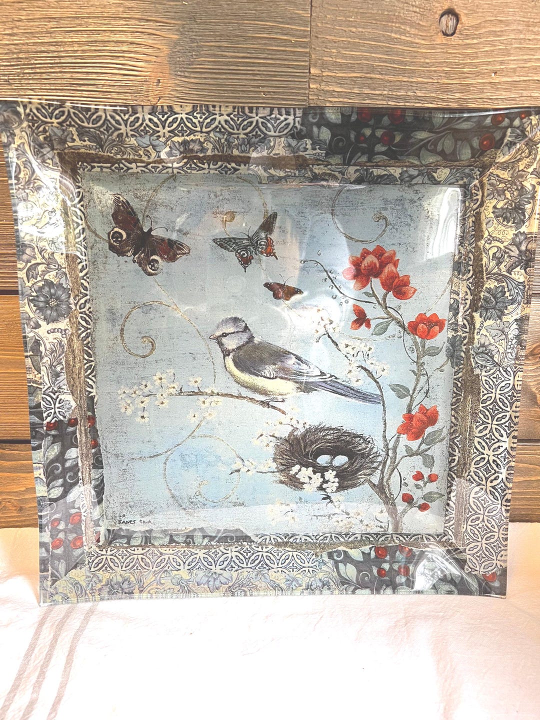 Janet Tava Bird, Butterflies & Floral Cased Glass Tray. - Etsy