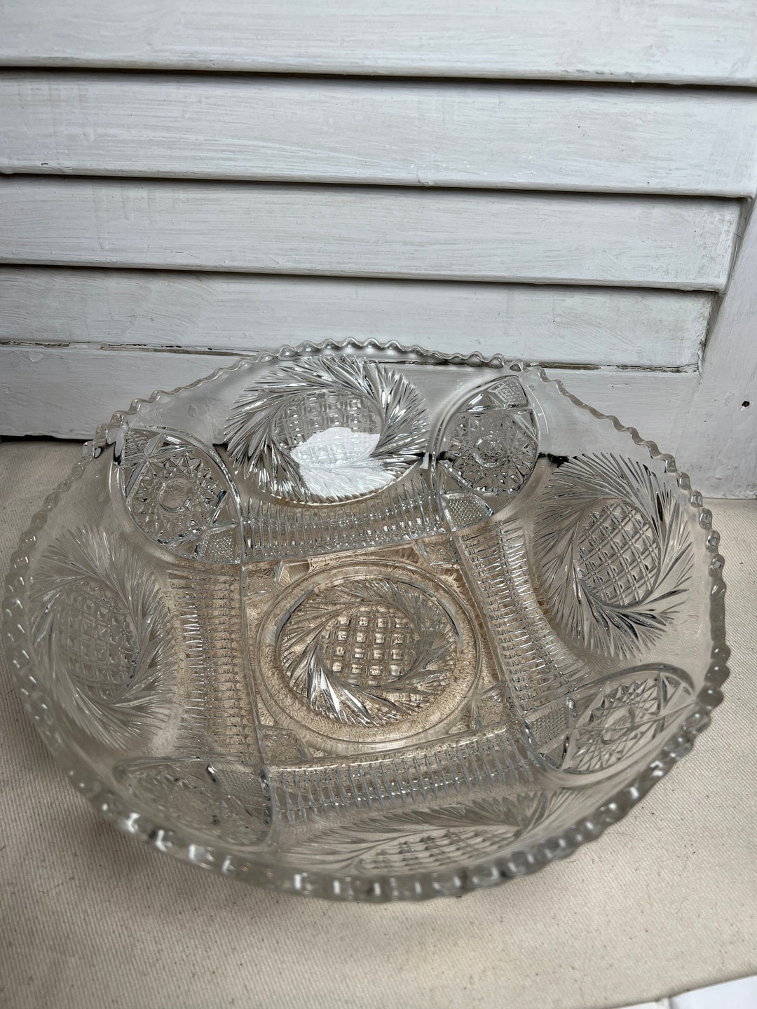 Cut Glass EAPG Mckee- Jeanette Aztec Sunburst Bowl - Etsy