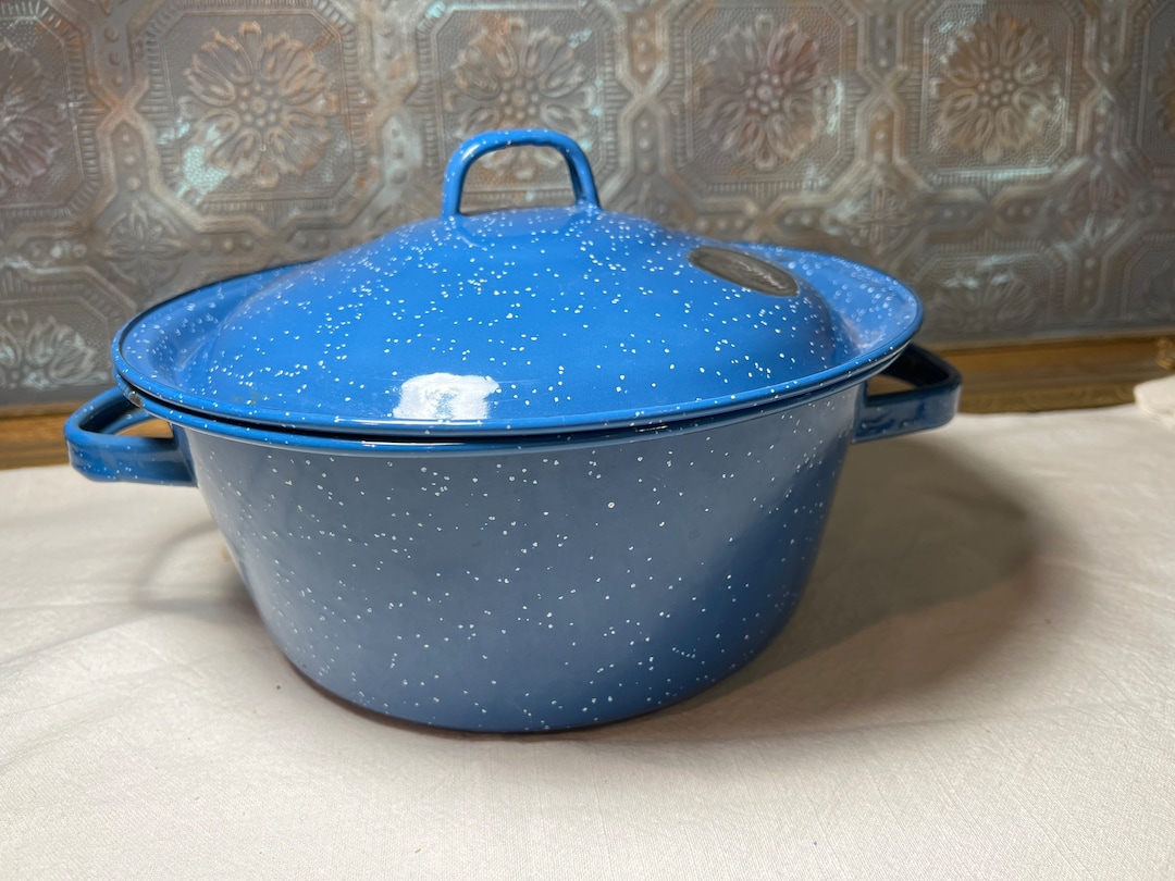 Vintage Blue Speckled Enamelware Stew Pot - Etsy