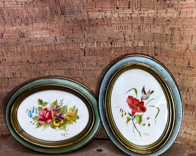 Pair of MCM Oval Framed Hand-painted and Signed Flowers on Fabric Wall ...