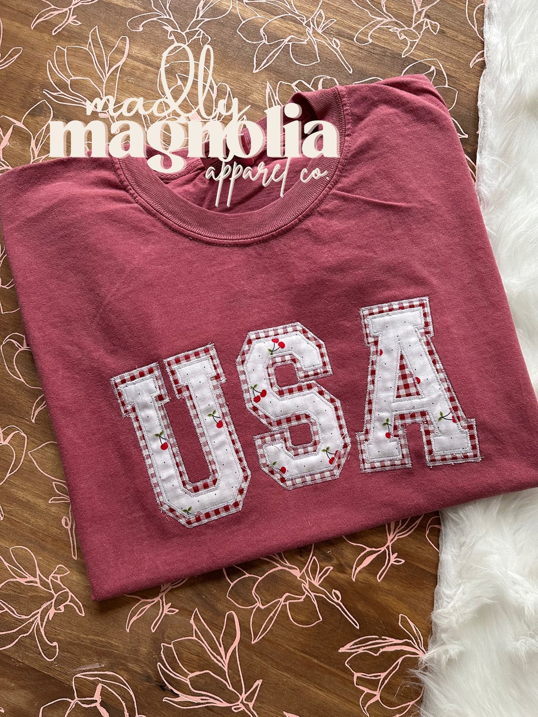 Vintage Cherry USA Applique Tshirt || Fourth of July Monogram Top ...