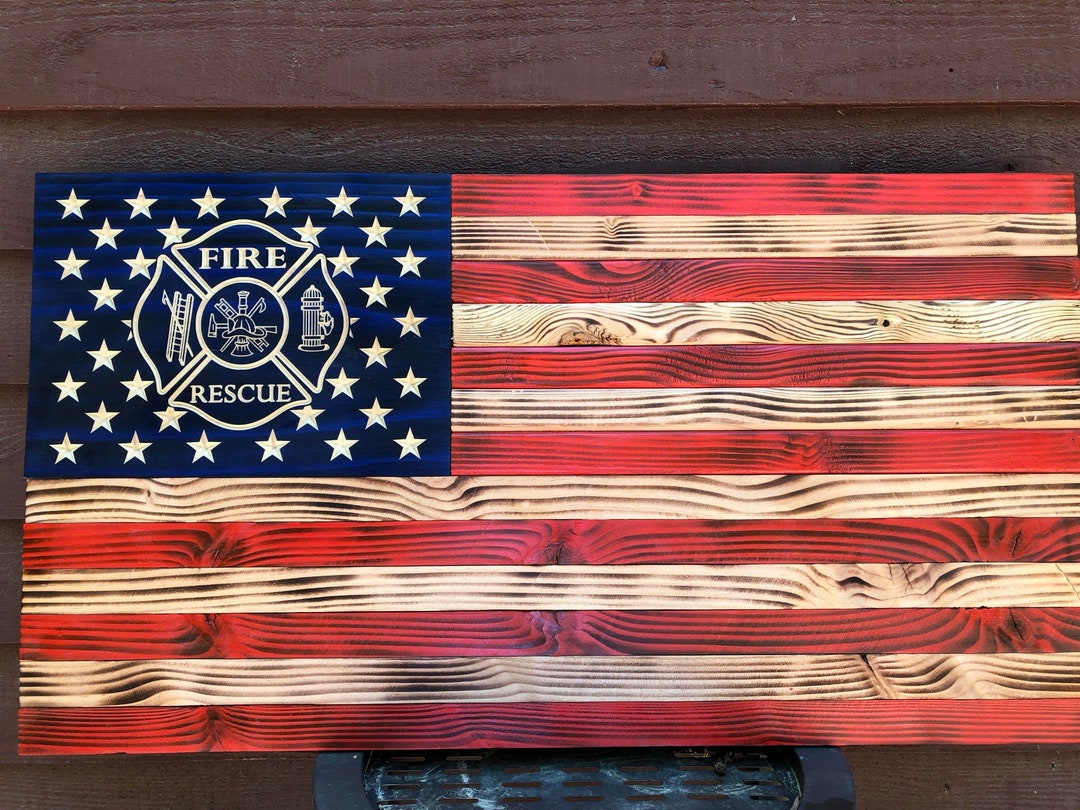 Wooden American Flag Fire & Rescue - Handmade, First Responder Flag ...