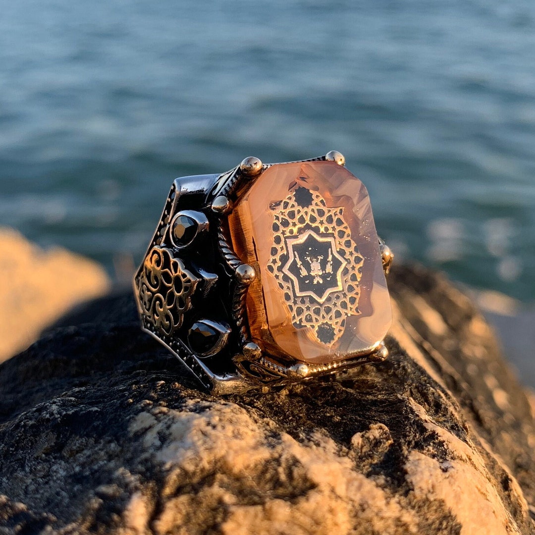 Zenium Silver Handmade Men Ring Seljuk Motiv Brown Catalin Gift for ...