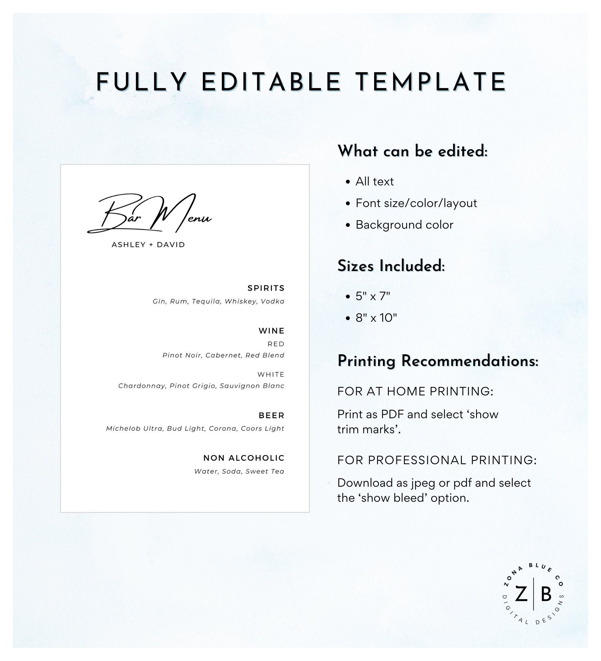 Wedding Bar Menu | Editable Wedding Drink Sign, Modern, Minimalist ...