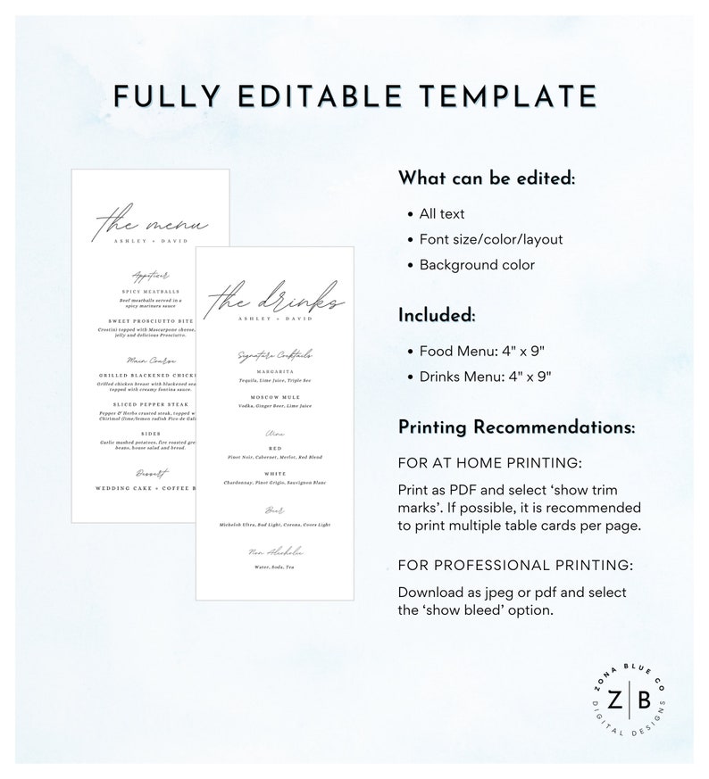 Wedding Food and Drink Menu Template Bundle | Minimalist, Editable Food ...
