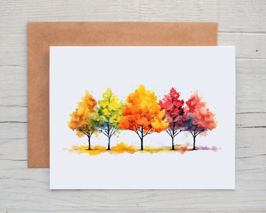 Watercolor Fall Tree Card Set, Fall Landscape Note Cards With Envelopes ...