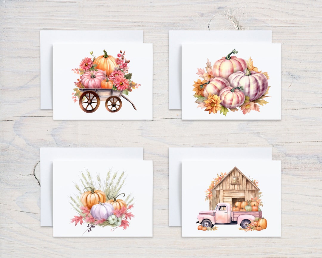 Pastel Fall Note Cards With Envelopes, Pumpkin Card Pack, Fall Floral ...