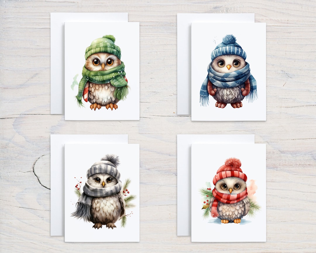 Owl Christmas Cards With Envelopes, Holiday Greeting Cards Blank Inside ...