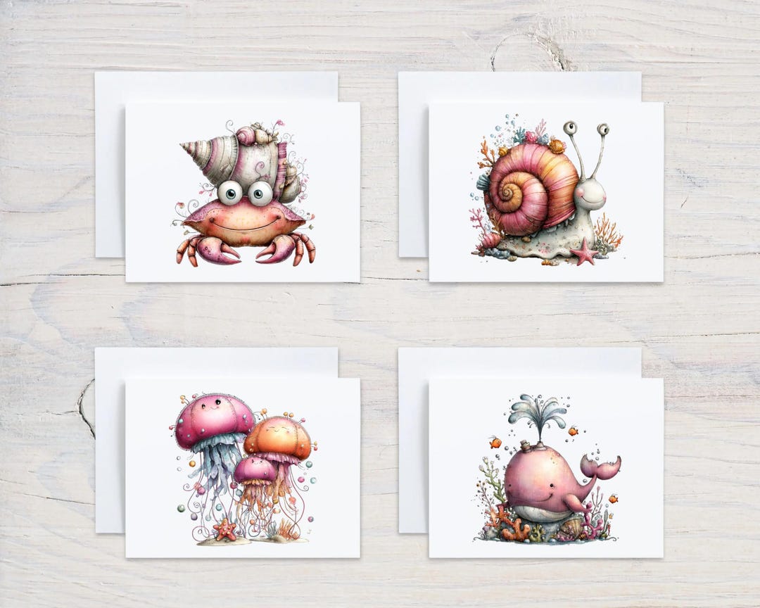 Ocean Animal Note Cards Variety Pack, Aquatic Cards, Summer Note Cards ...