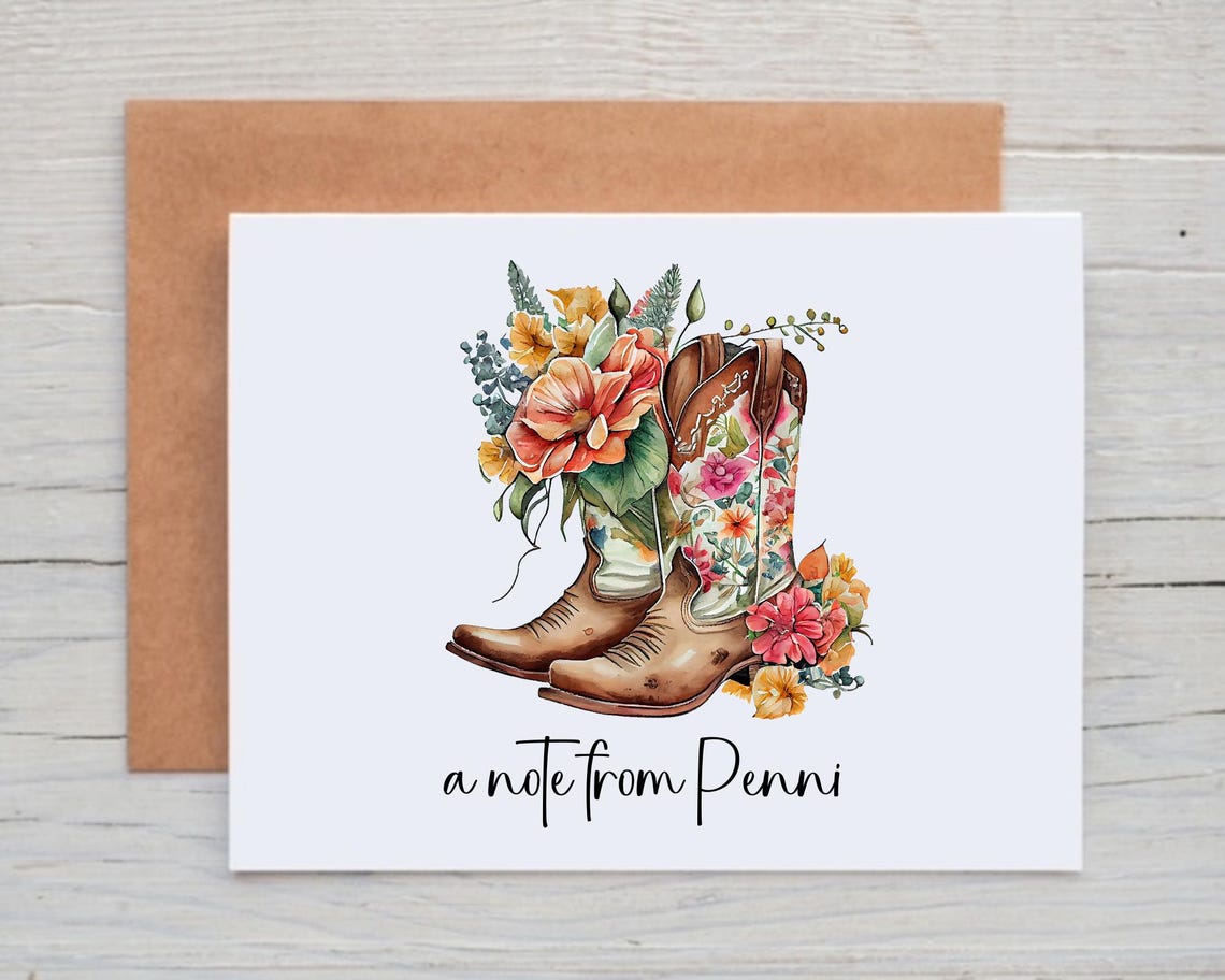 Personalized Cowgirl Boot Note Cards With Envelopes, Custom Stationery ...