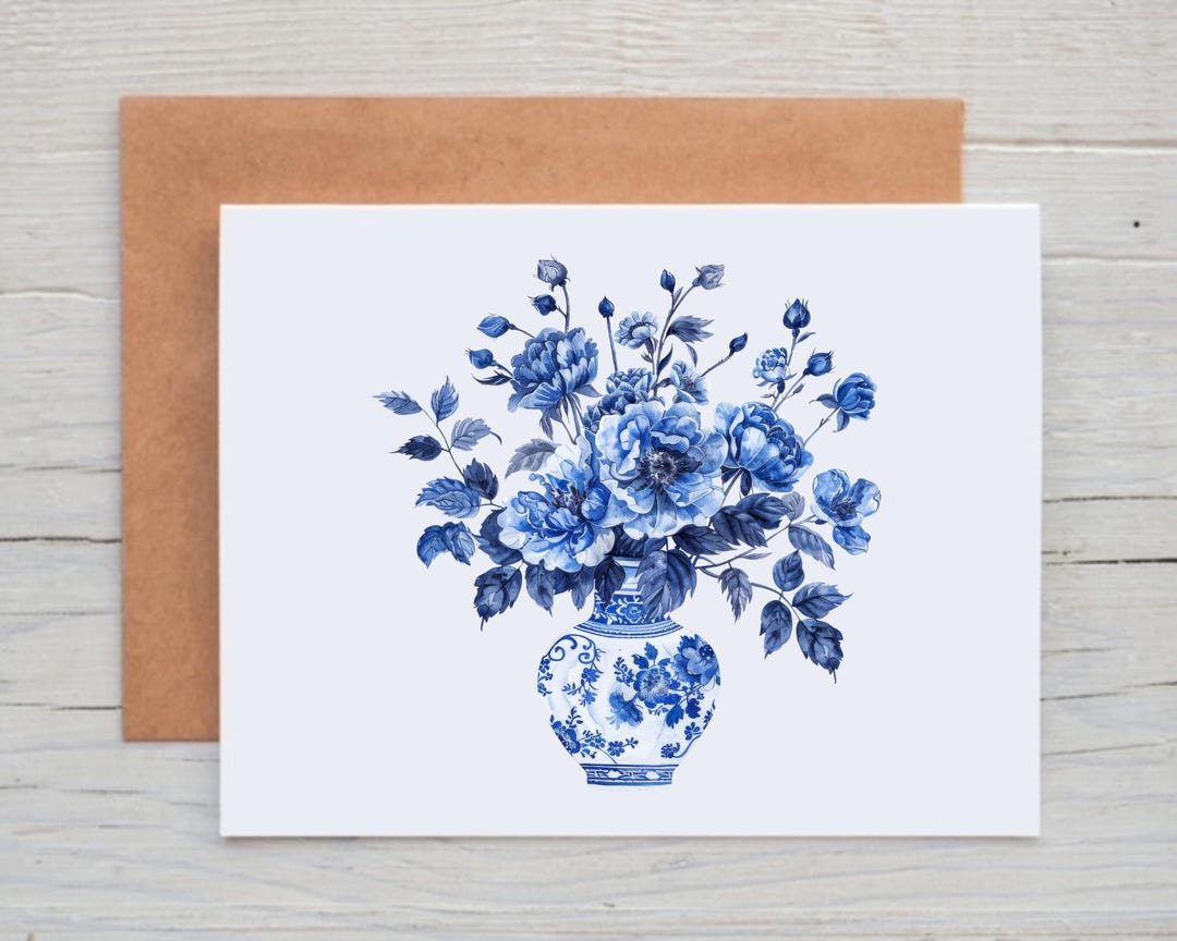Blue Toile De Jouy Floral Vase Note Cards With Envelopes, Blue Floral ...