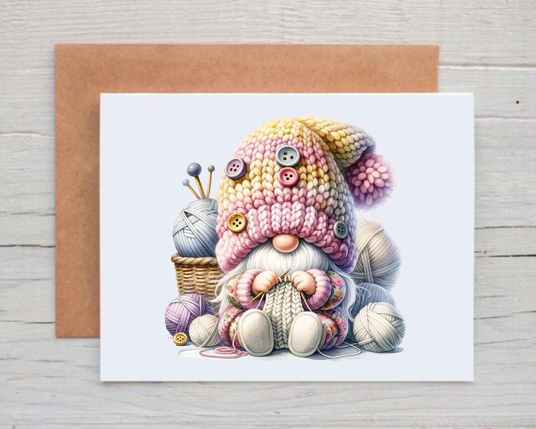 Knitting Gnome Cards With Envelopes, Gnome Note Cards, Gnome Greeting ...