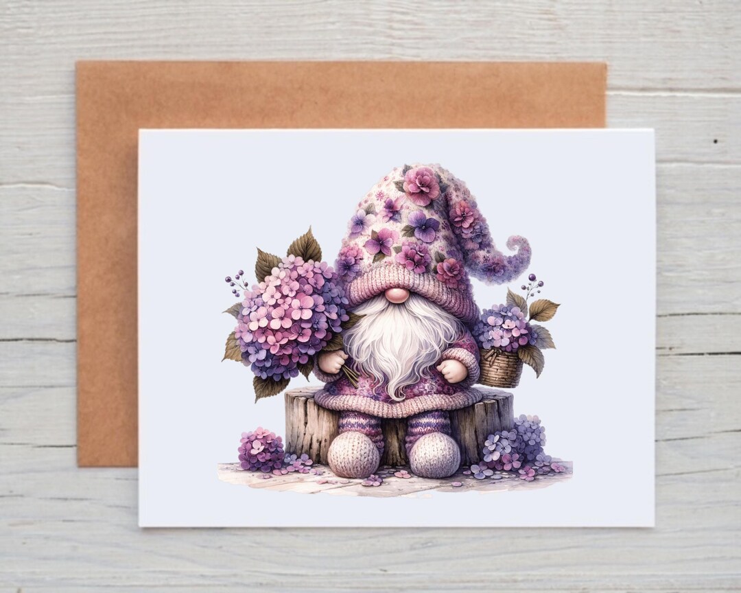 Hydrangea Gnome Cards With Envelopes, Gnome Note Cards, Gnome Greeting ...