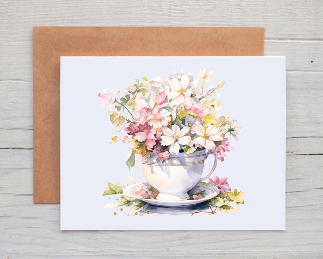 Watercolor Tea Cup Note Cards With Envelopes, Tea Cup Card Pack, Floral ...
