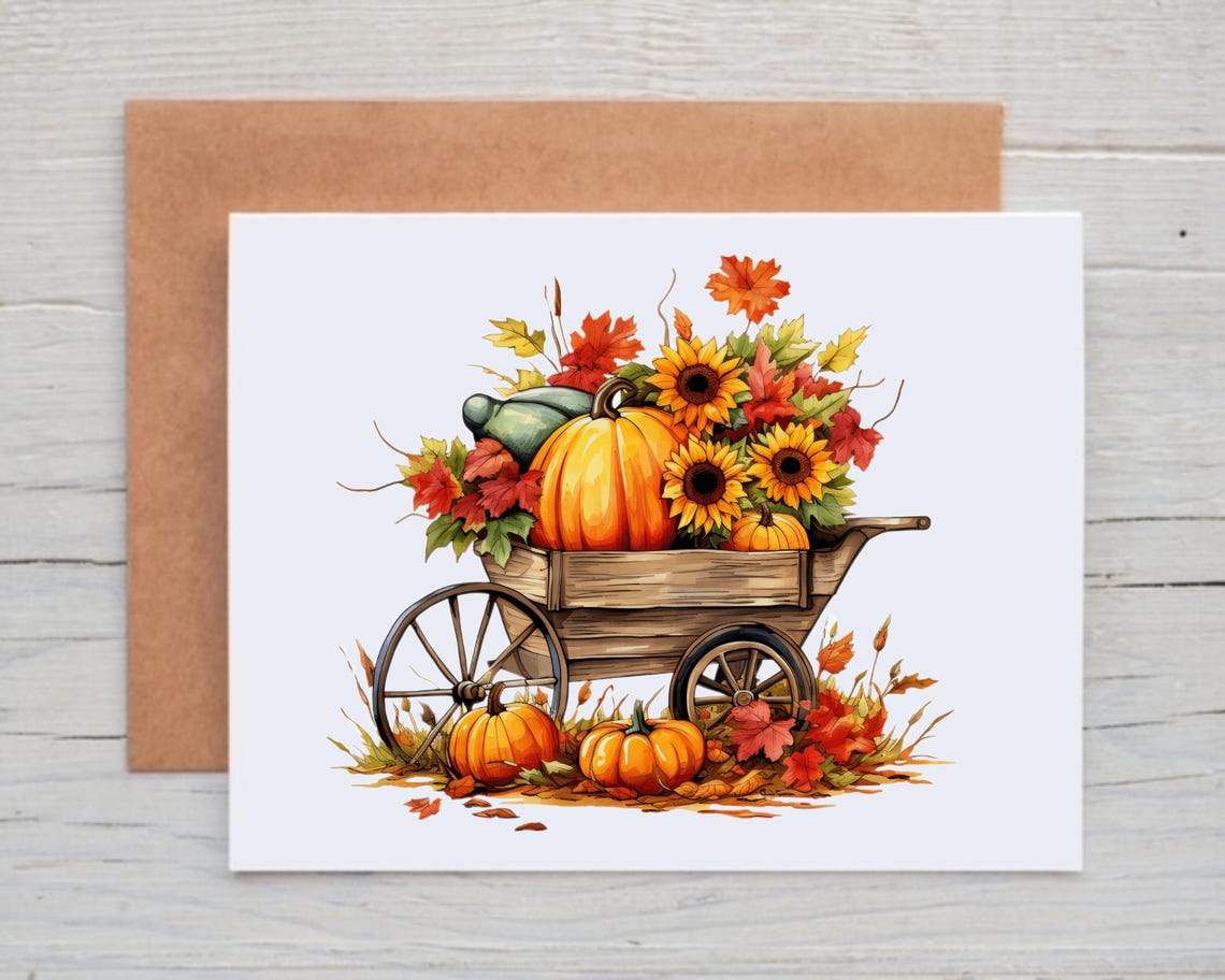 Fall Wheelbarrow Note Cards With Envelopes, Fall Greeting Cards ...