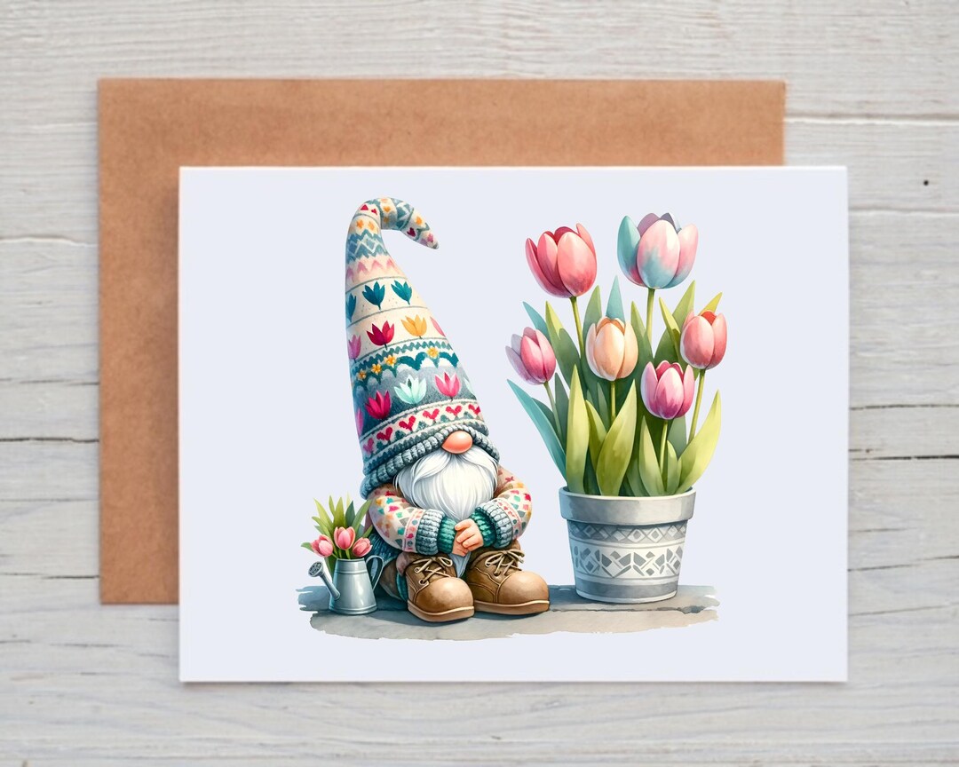 Tulip Gnome Cards With Envelopes, Gnome Note Cards, Gnome Greeting ...