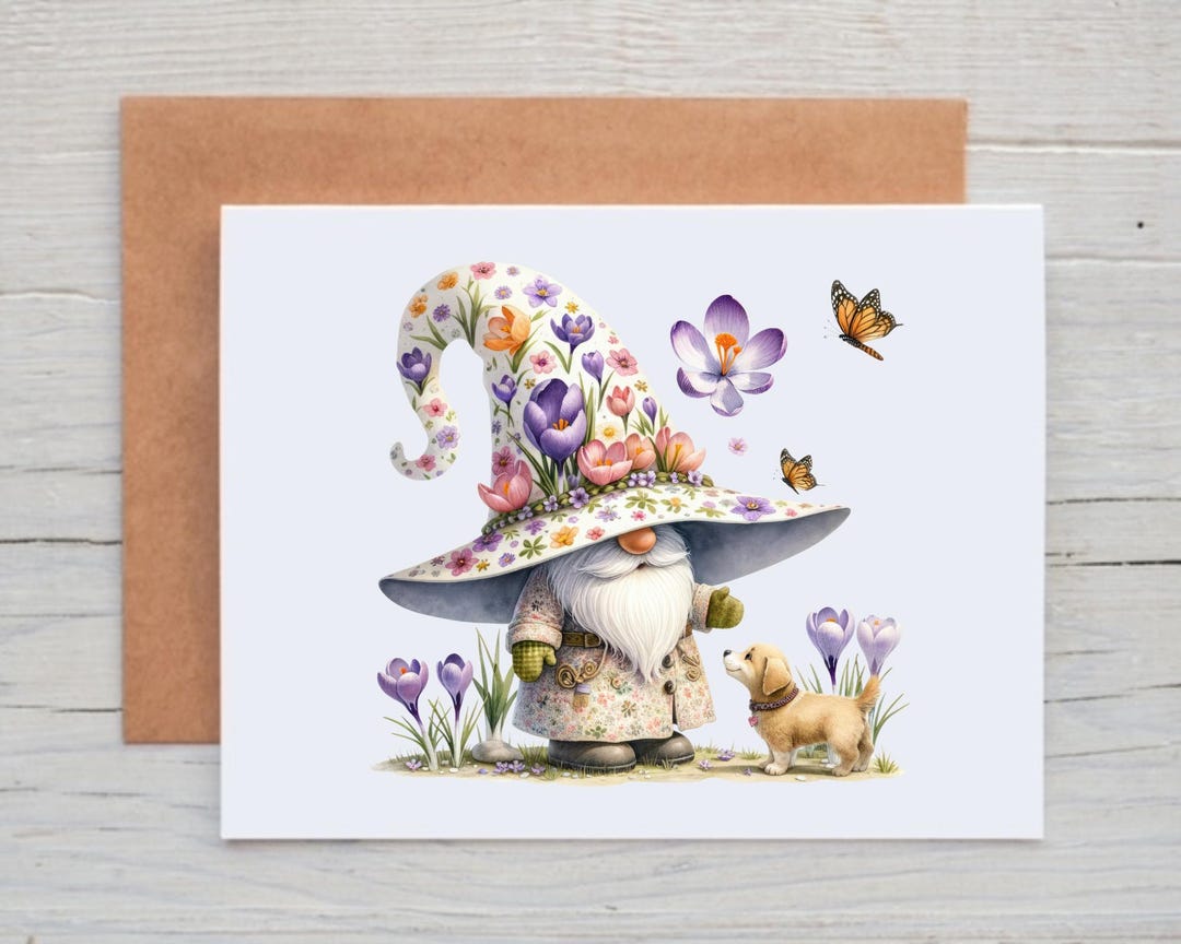 Spring Gnome Note Cards With Envelopes, Garden Gnome Card Pack, Floral ...