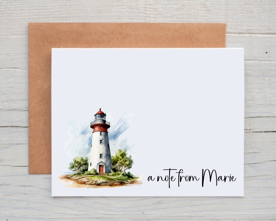 Personalized Lighthouse Note Cards With Envelopes, Summer Stationery ...
