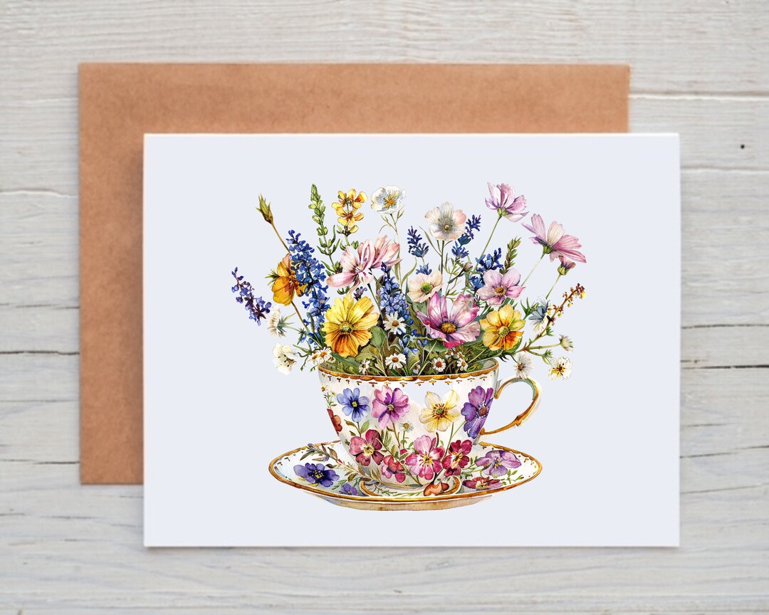 Tea Cup Note Cards With Envelopes, Wildflower Tea Cup Card Pack, Floral ...