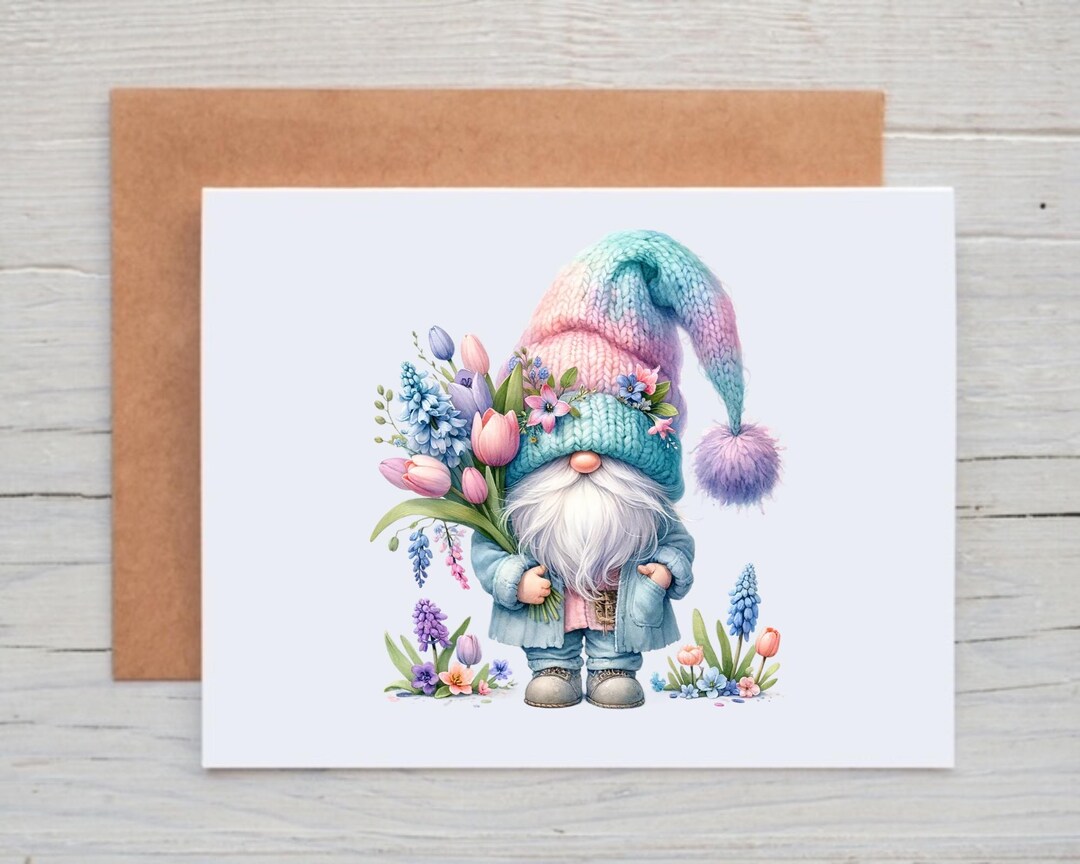 Tulip Gnome Cards, Pastel Gnome Note Cards, Gnome Greeting Cards, Gnome ...
