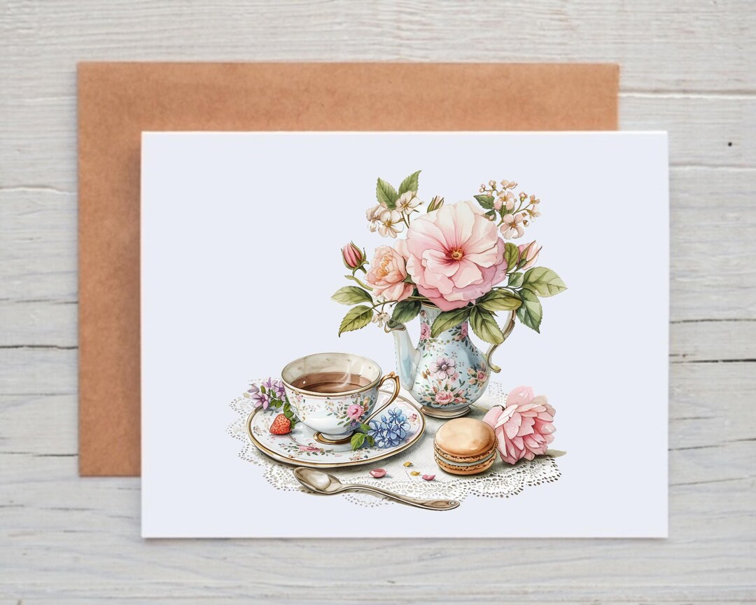 Vintage Tea Set Note Cards, Tea Party Invitation, Watercolor Tea Set ...