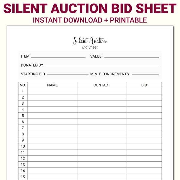 Auction Bid Sheet Template - Etsy