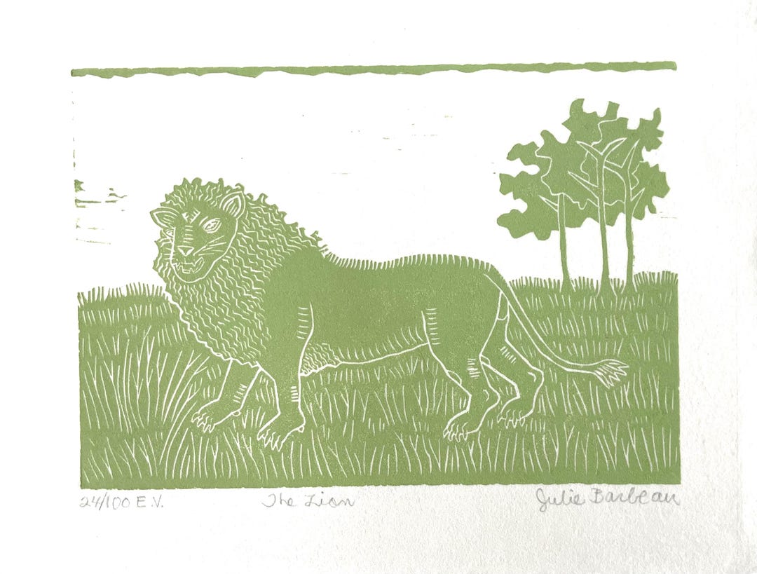 Lion Linocut Print: Hand-carved Original Light Green Animal Art - Etsy