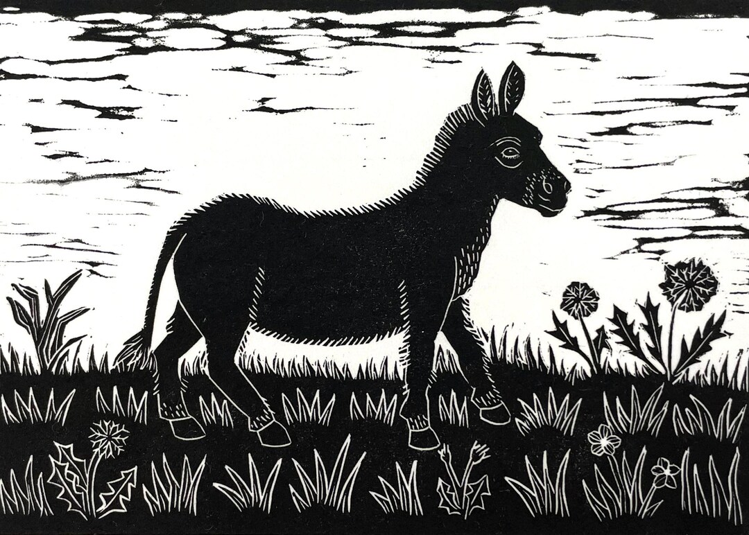Donkey Linocut Print Black and White: Original Animal Artwork, Small ...